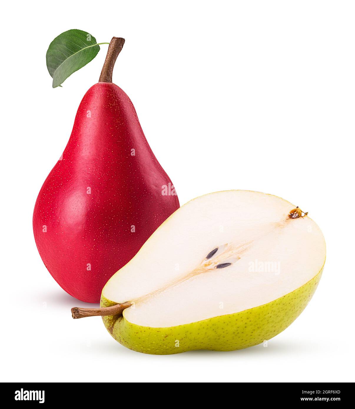 Fresh red pears and one yellow cut in half with leaf isolated on white ...