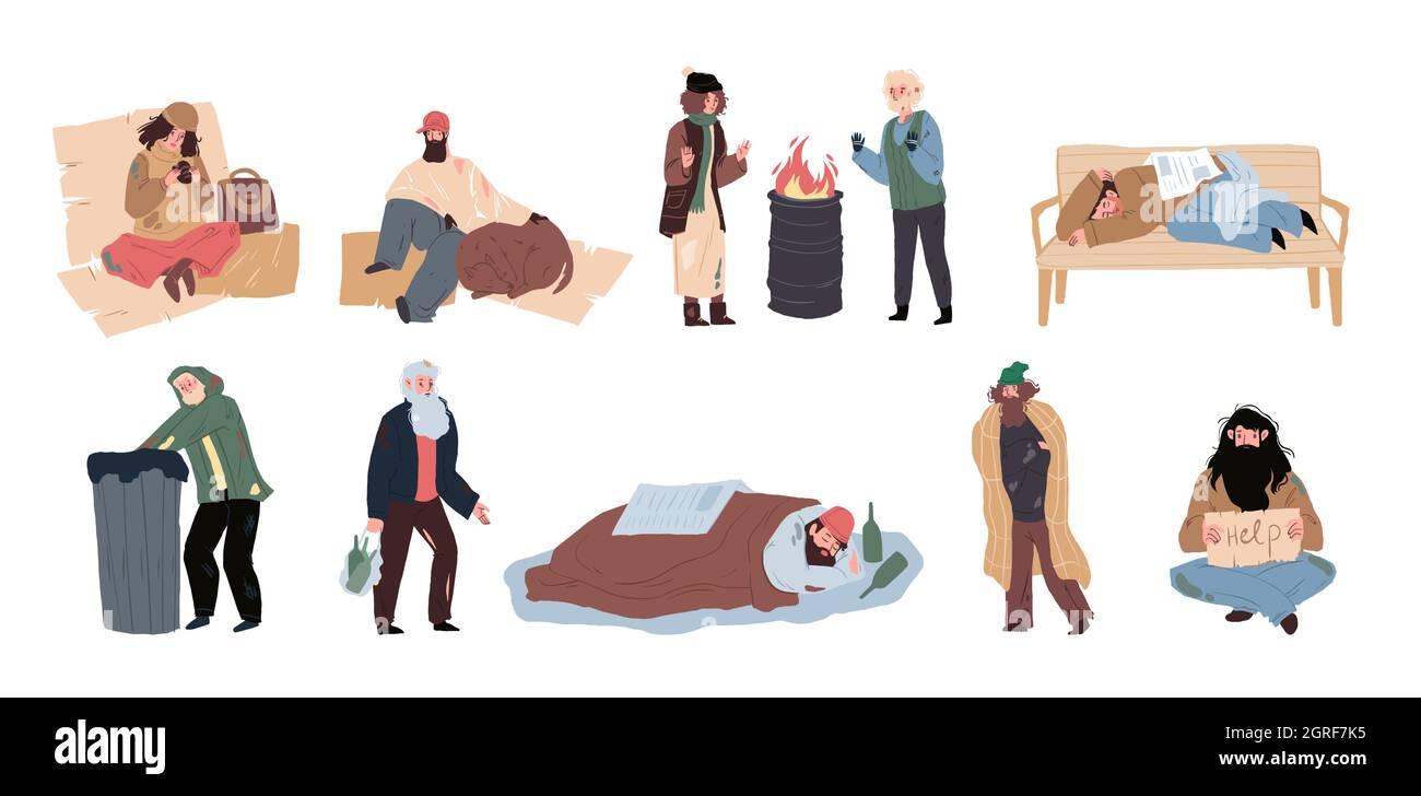 Flat cartoon homeless sad characters set,global social problem vector ...