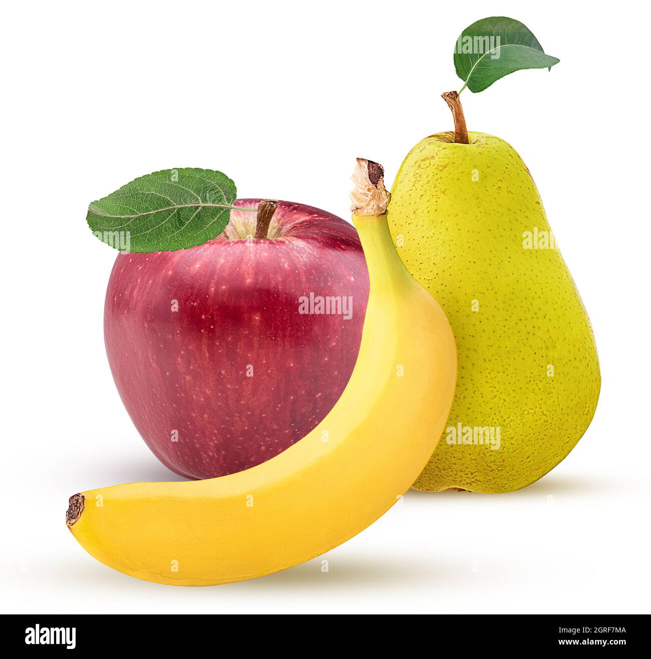 Red apple, yellow pear and banana with leaf isolated on white ...