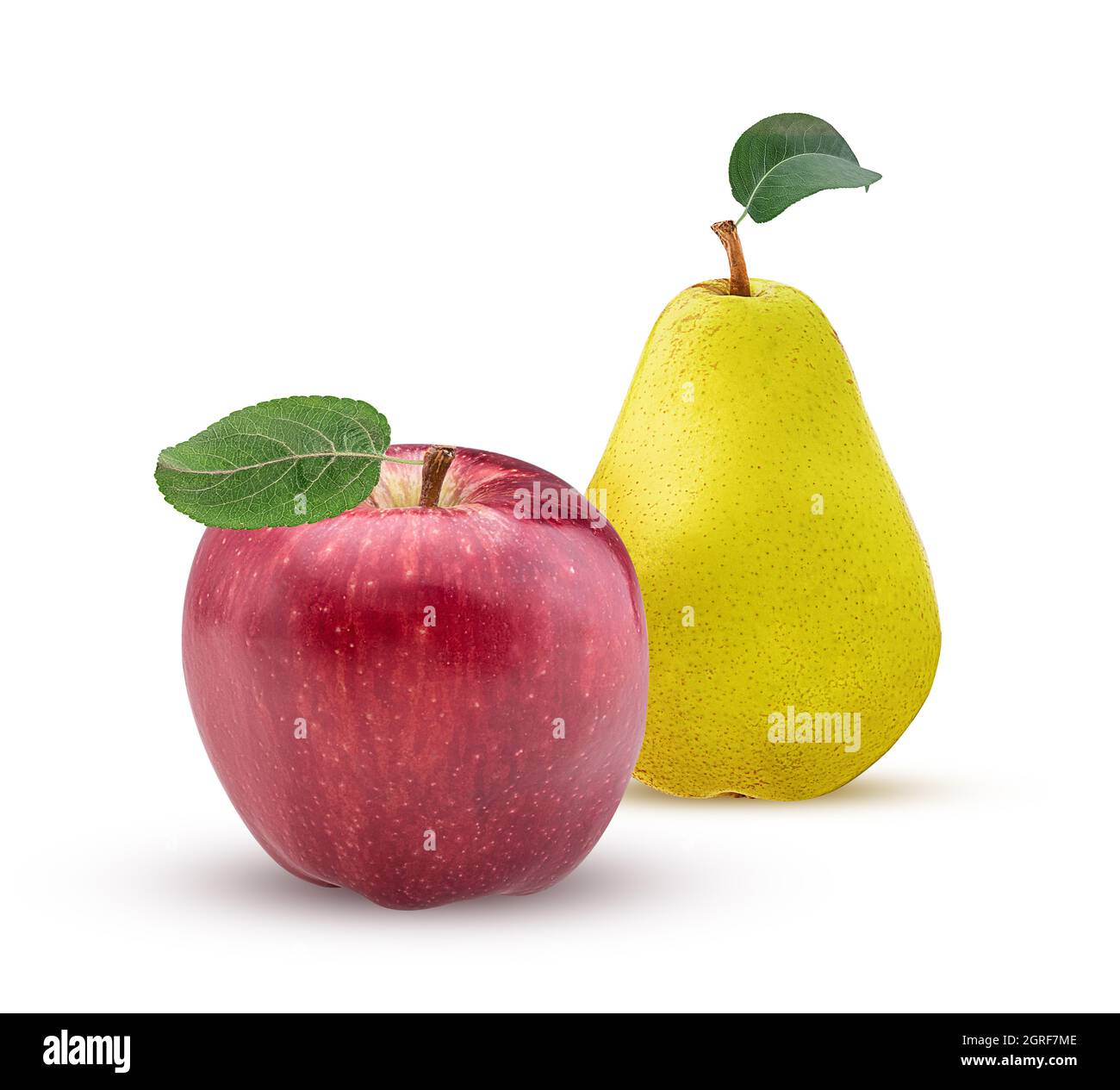 Red apple and yellow pear with leaf isolated on white background ...