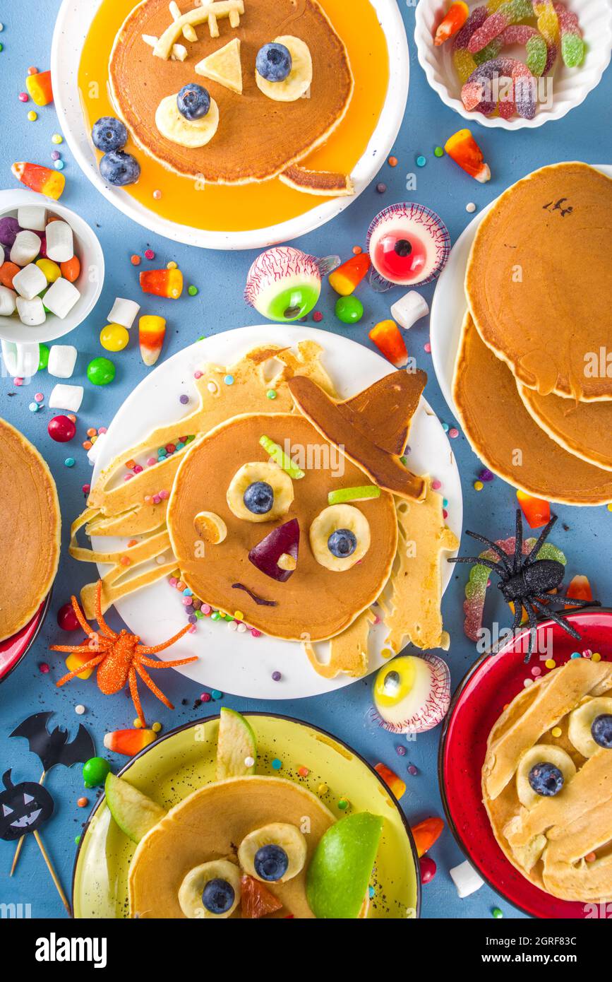 Creative homemade Halloween pancakes for breakfast, in form of funny ...