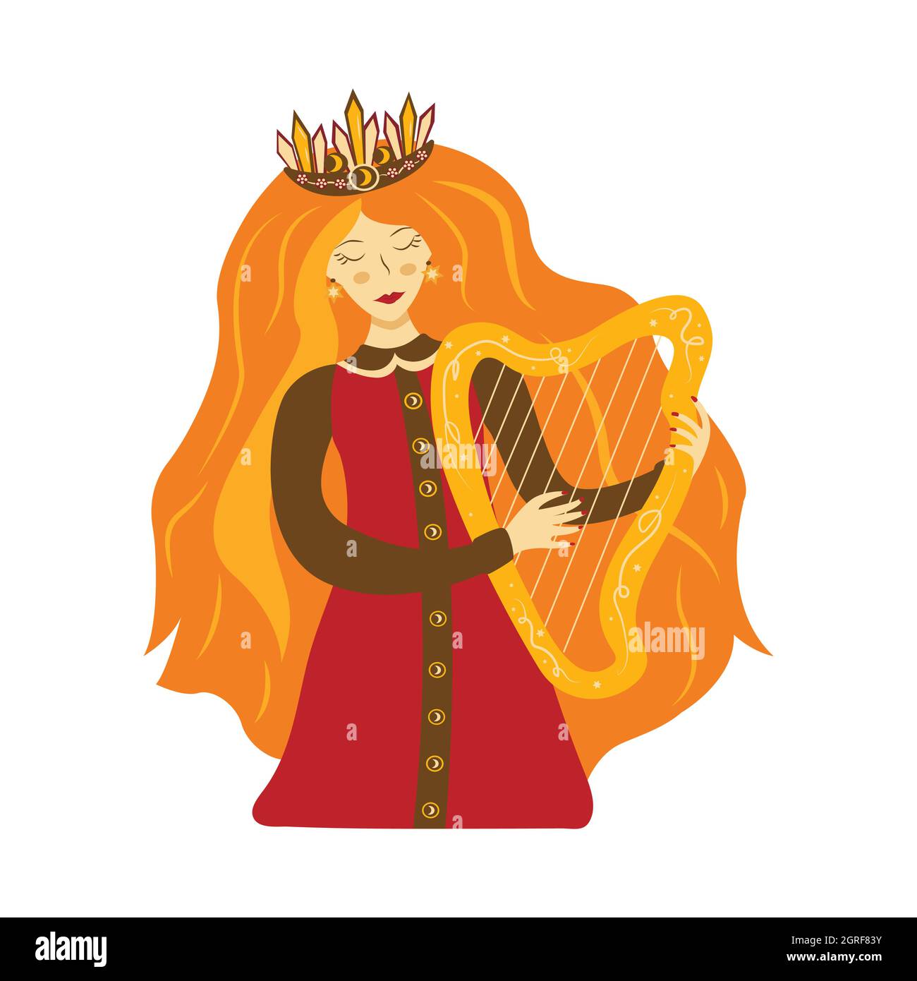 Beautiful girl with long red hair plays the harp. Crown with jewels on ...