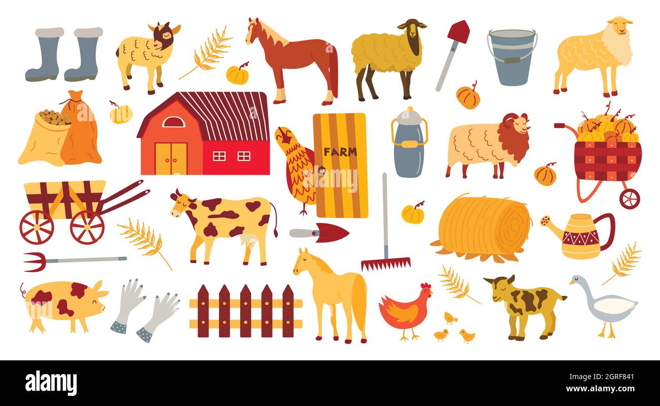 Farm elements set. Colorful vector isolated illustration hand drawn ...