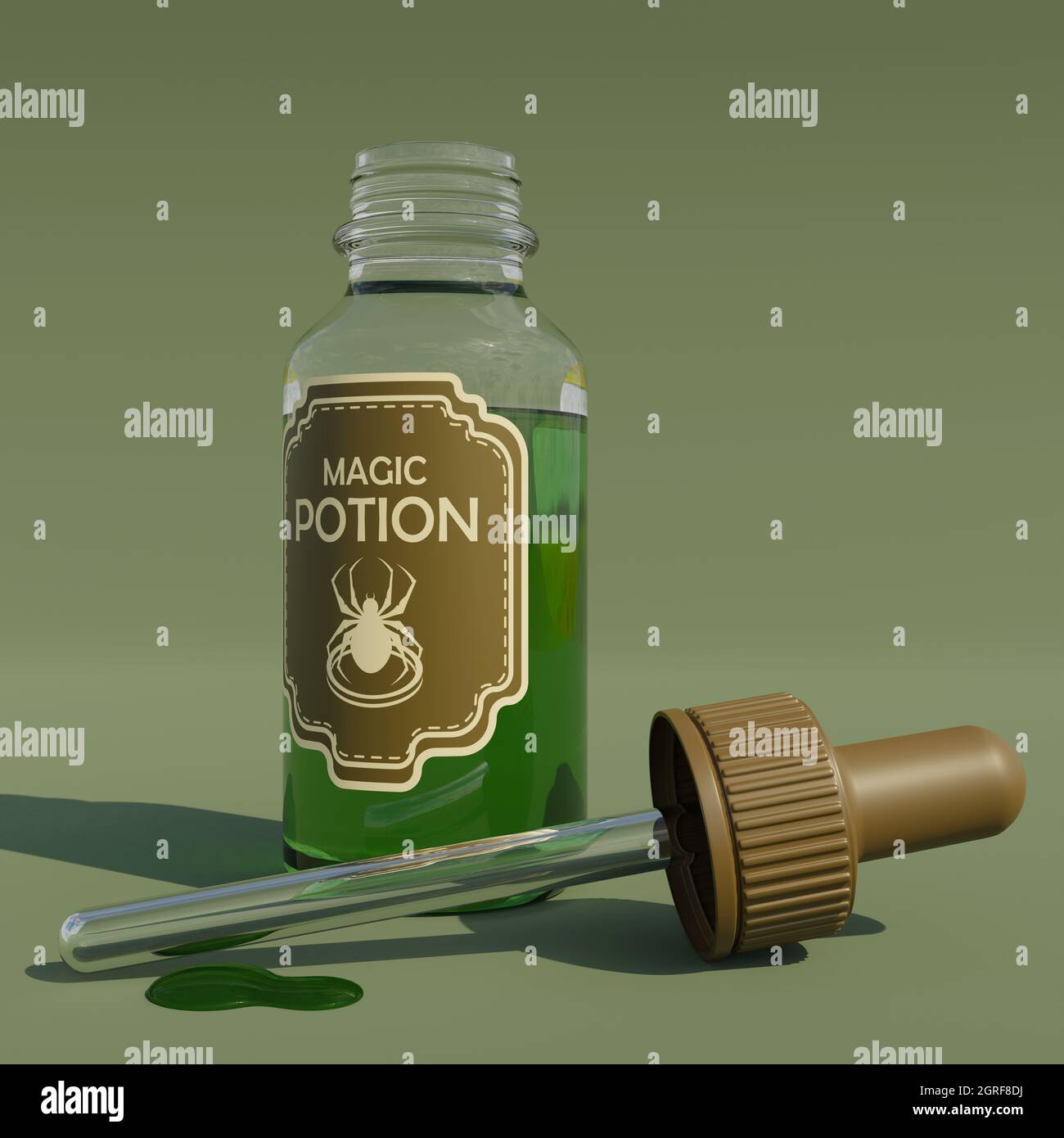 Magic potion made of spider venom. Glass bottle with green liquid ...