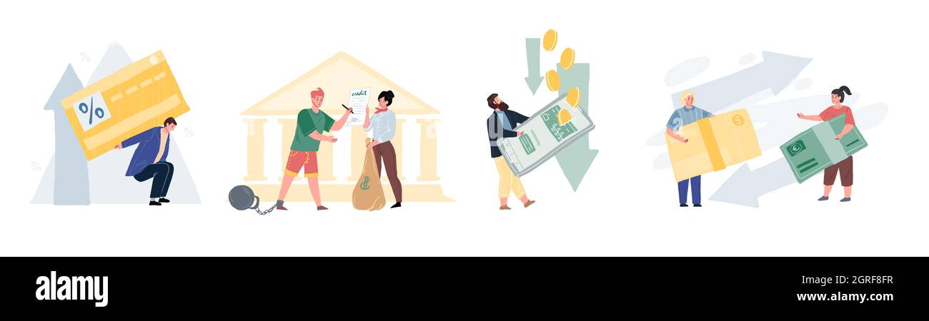 Flat cartoon characters in financial transactions scenes depicted by ...