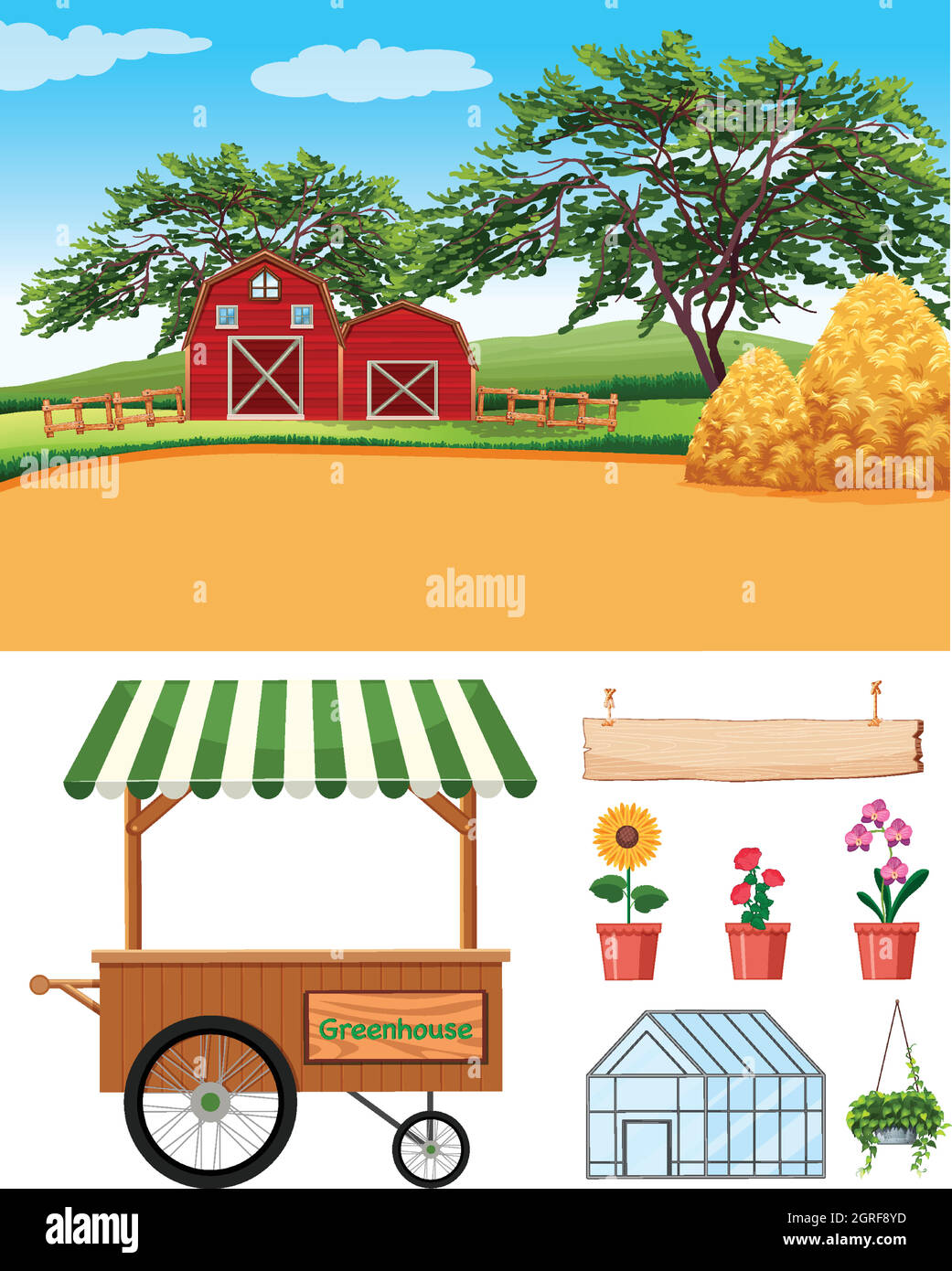 Farm scene with barns and farming items on the farm Stock Vector Image ...