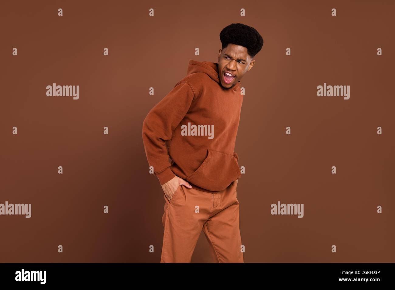 Photo of angry short hairdo young guy yell look empty space dress ...