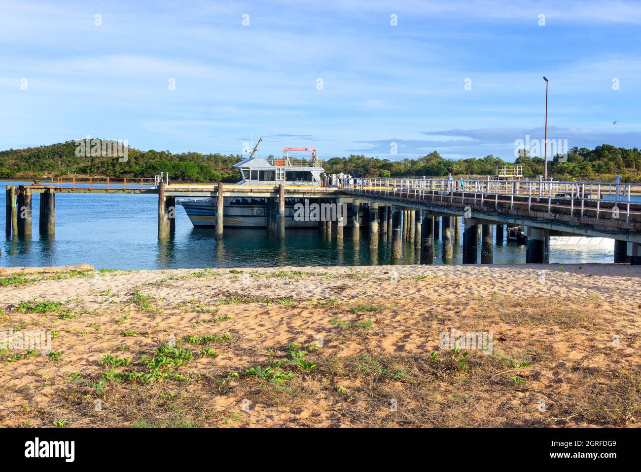 Torres Straits Ferry tied up at Seisia Jetty, Seisia Beach, Cape York ...