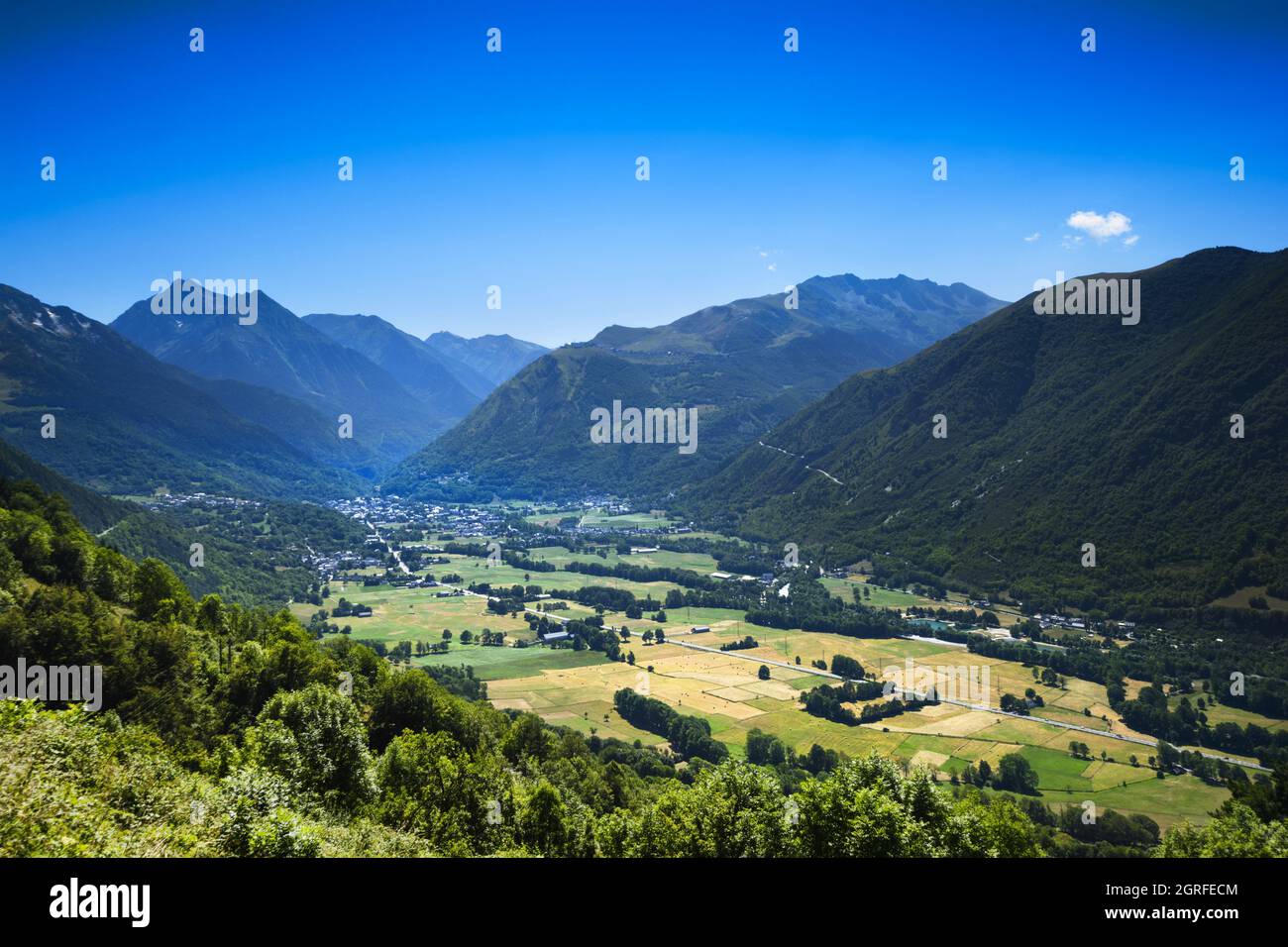 Valley and peak of Pyrenean mountains with a blue sky, France Stock ...