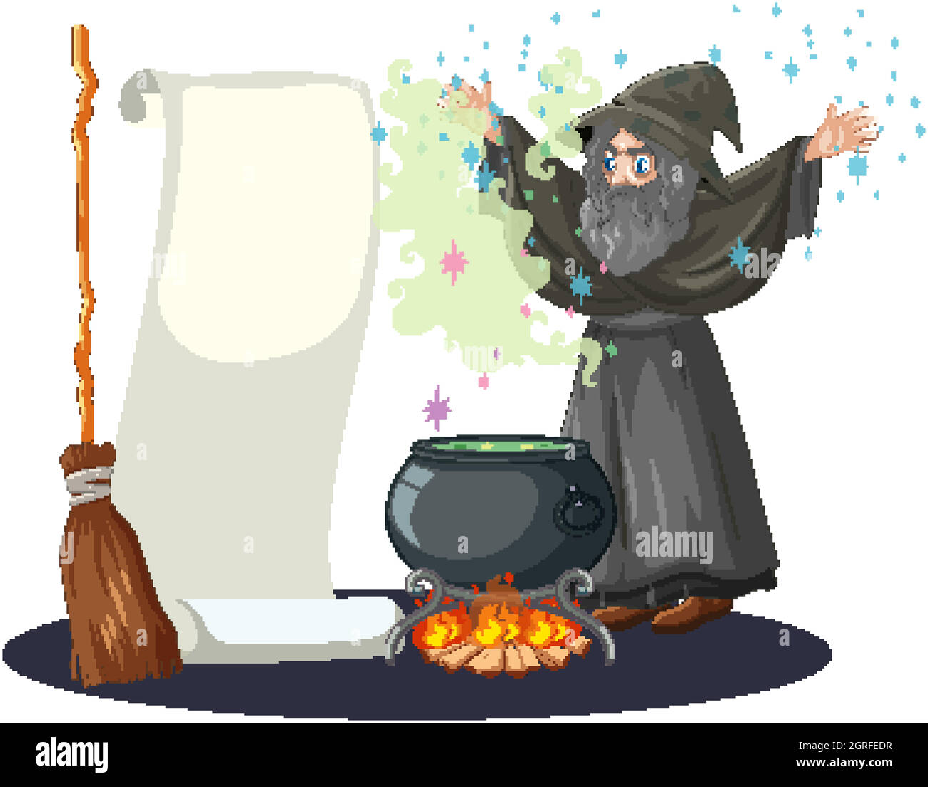 Old wizard with black magic pot and broomstick and blank banner paper ...