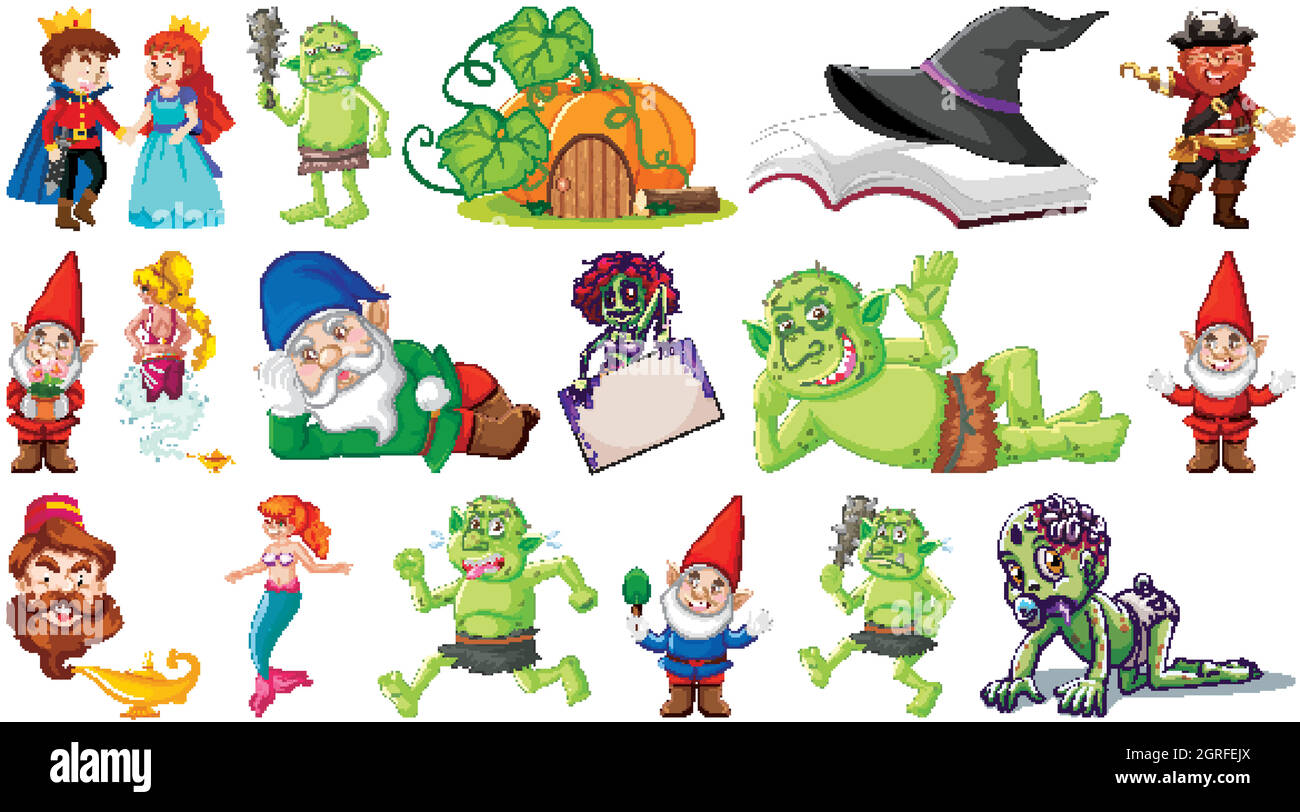 Set of fantasy cartoon characters and fantasy theme isolated on white ...