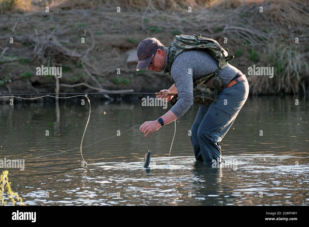 Fisherman catching fish in the river Stock Photo - Alamy