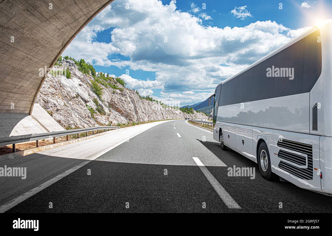 Passenger bus on the highway against the backdrop of a beautiful ...