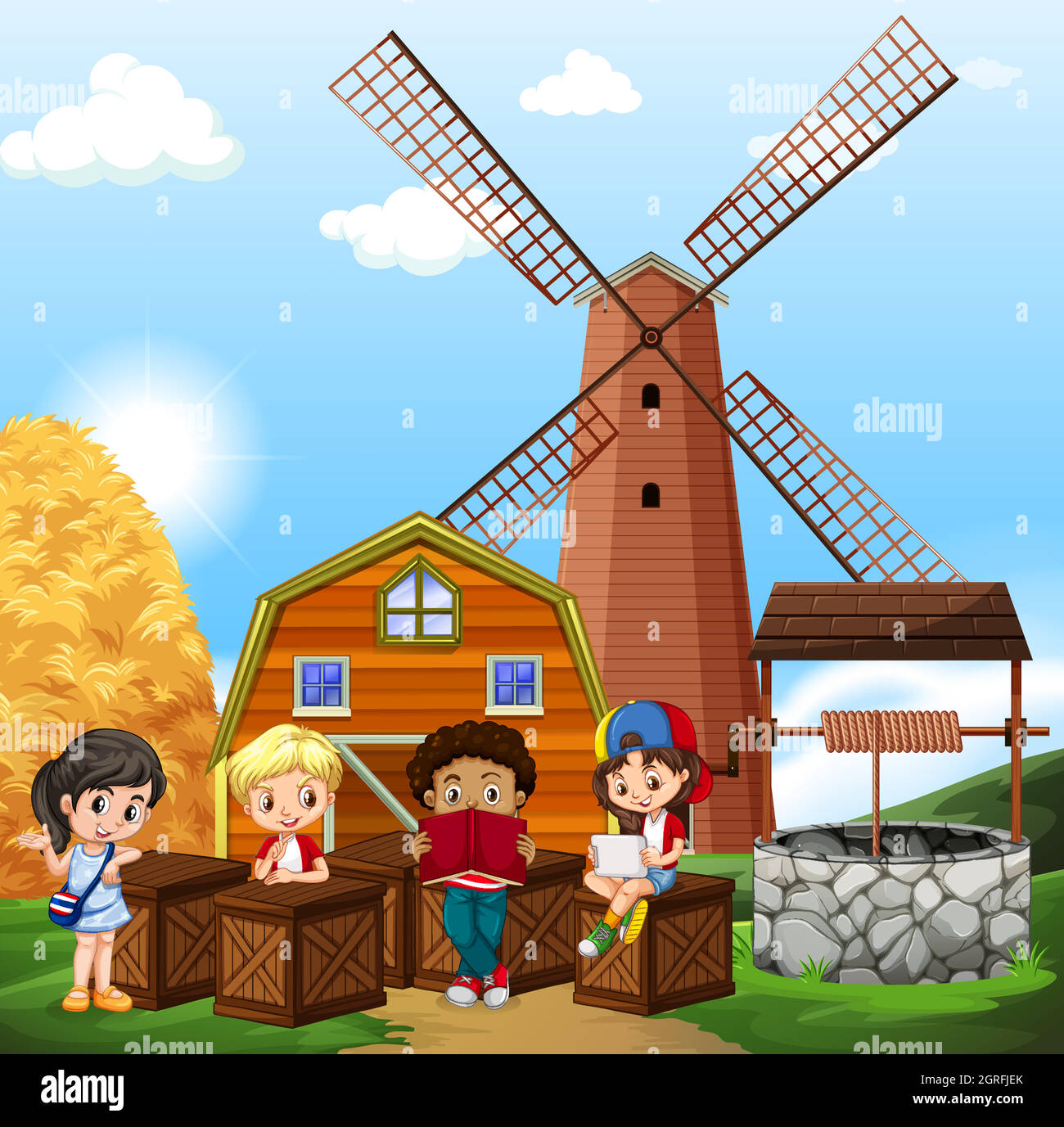Children reading in the farm Stock Vector Image & Art - Alamy