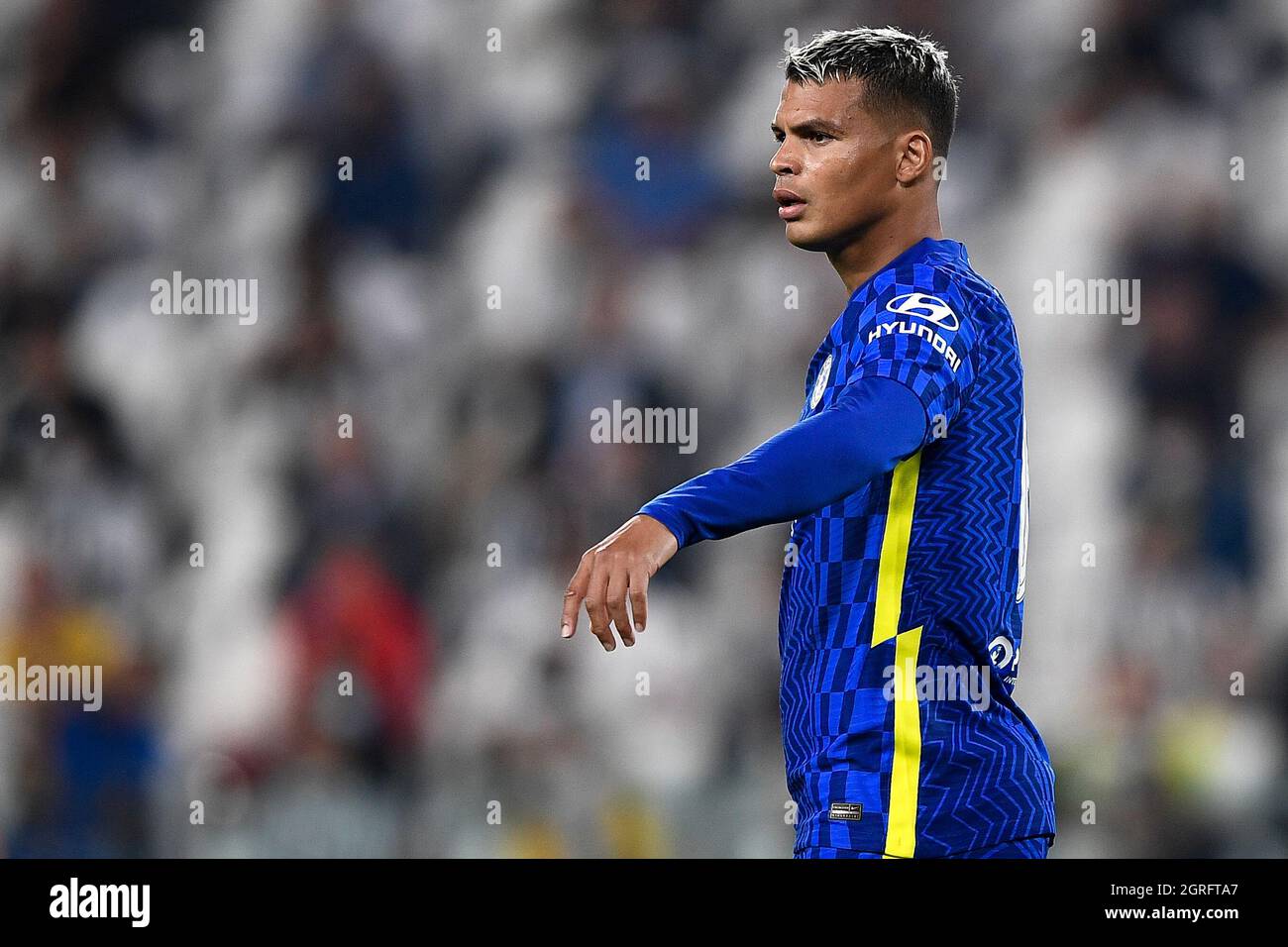 Turin, Italy. 29 September 2021. Thiago Silva of Chelsea FC gestures ...