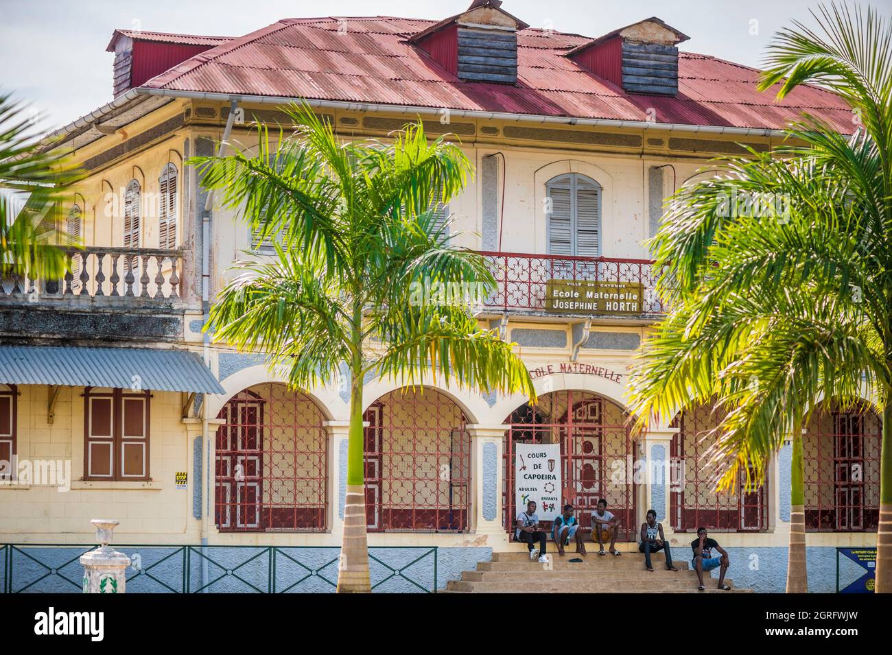 France, French Guiana, Cayenne, place des Palmistes, group of teenagers ...