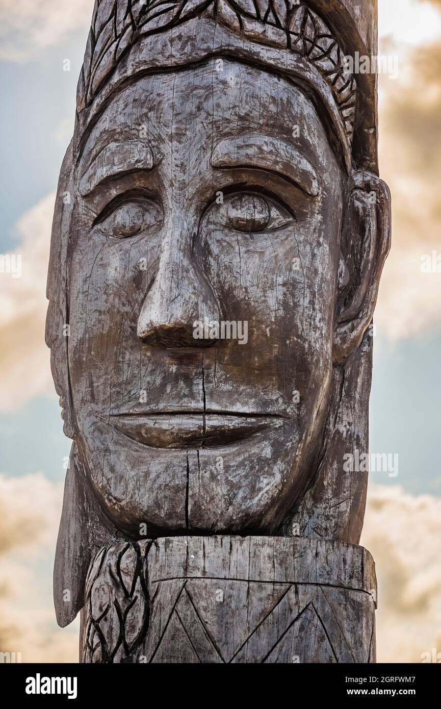 France, French Guiana, Kourou, detail of an Amerindian totem Stock ...