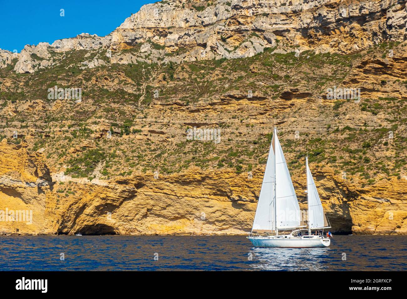 France, Bouches du Rhone, Marseille, Calanques National Park, sailboat ...
