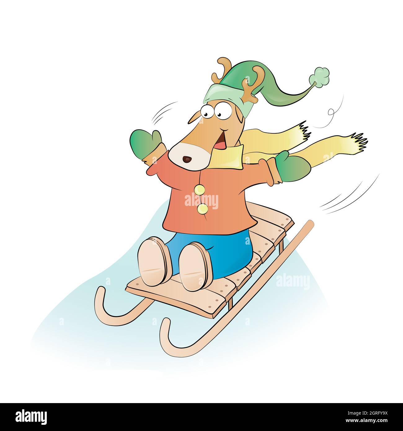 Funny Reindeer play with sledge isolated on white background ...