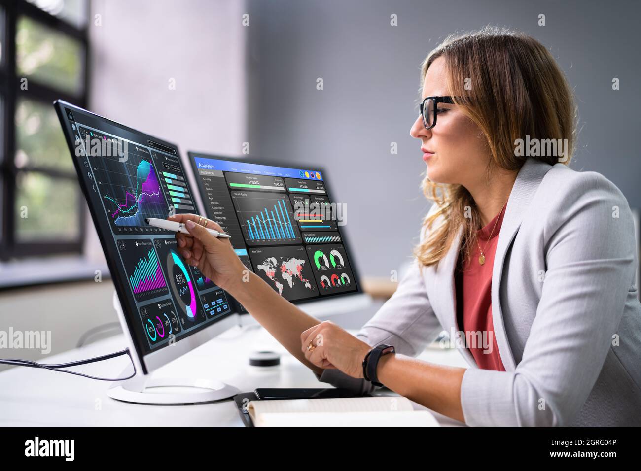 Analyst Women Looking At KPI Data On Computer Screen Stock Photo - Alamy