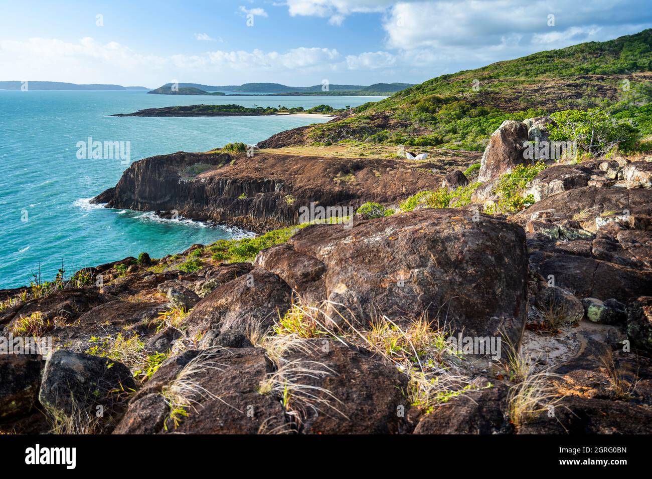 View of rocky coastline on eastern side of Cape York Peninsula near top ...