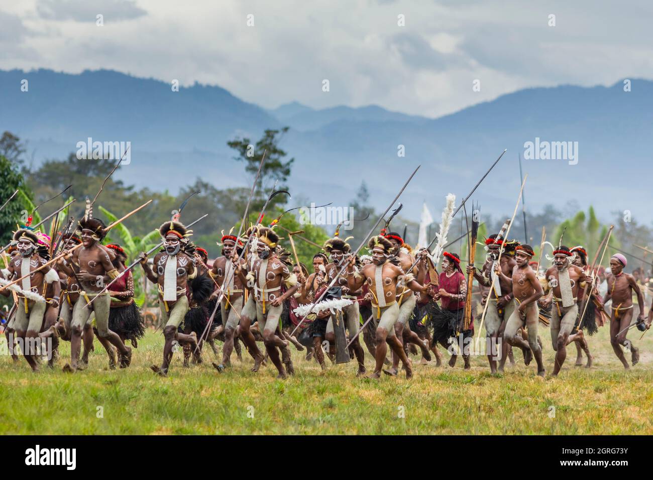 Indonesia, Papua, city of Wamena, armed members of the Dani tribe ...