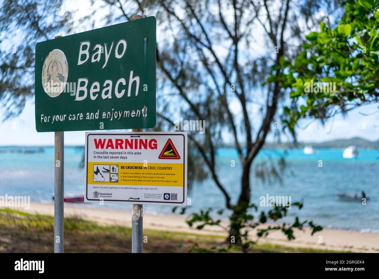 Warning sign at Bayo Beach at low tide. Thursday Island, Torres Straits ...