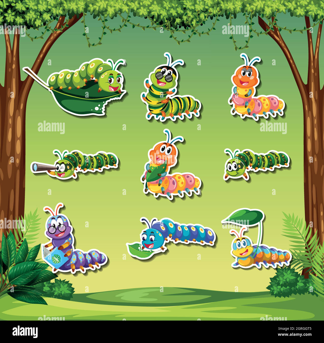 Set of caterpillar sticker on forest background Stock Vector Image ...