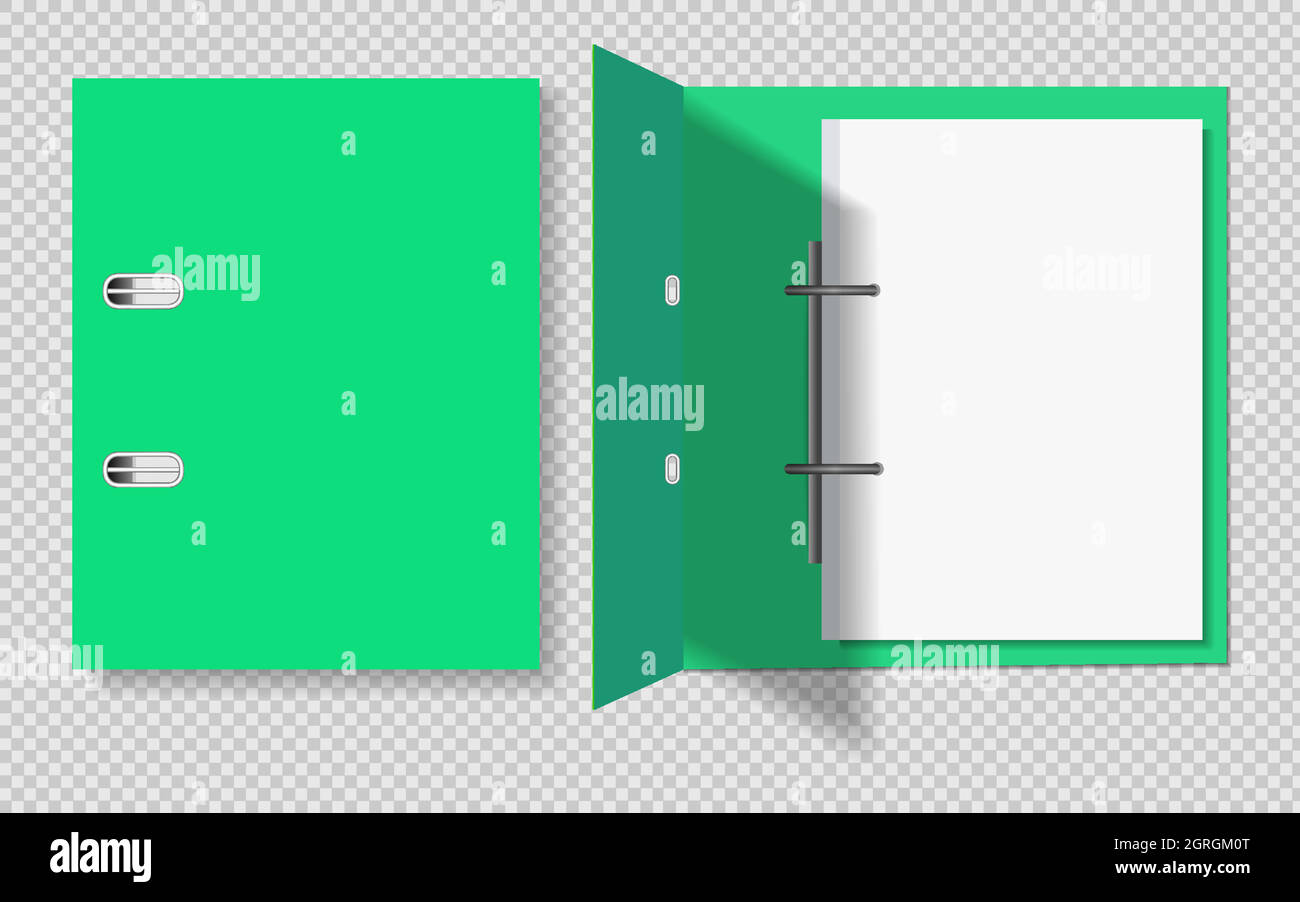 Realistic green folder for papers. Closed and open with a sheet of ...