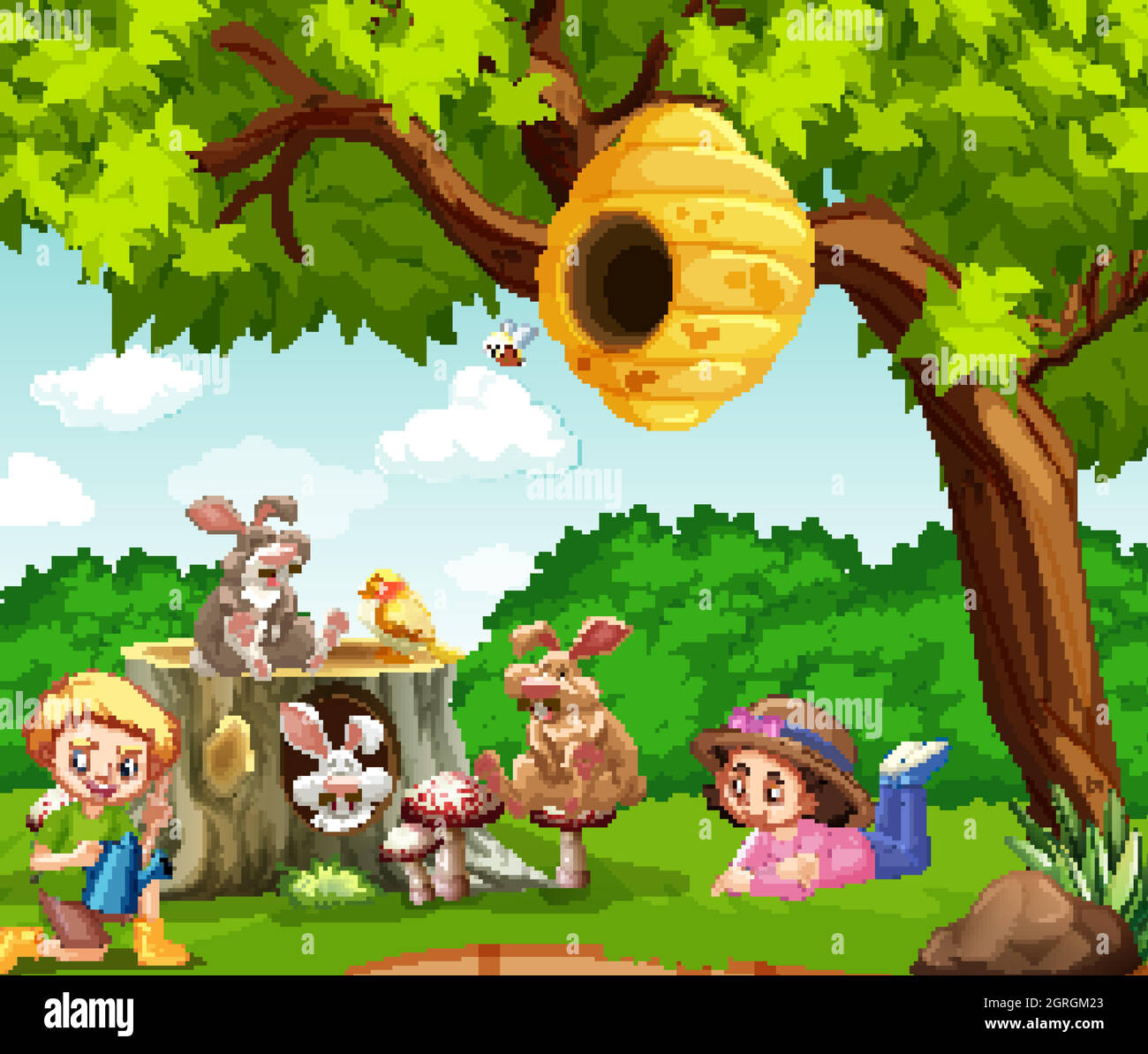 Child and two rabbits Stock Vector Images - Alamy