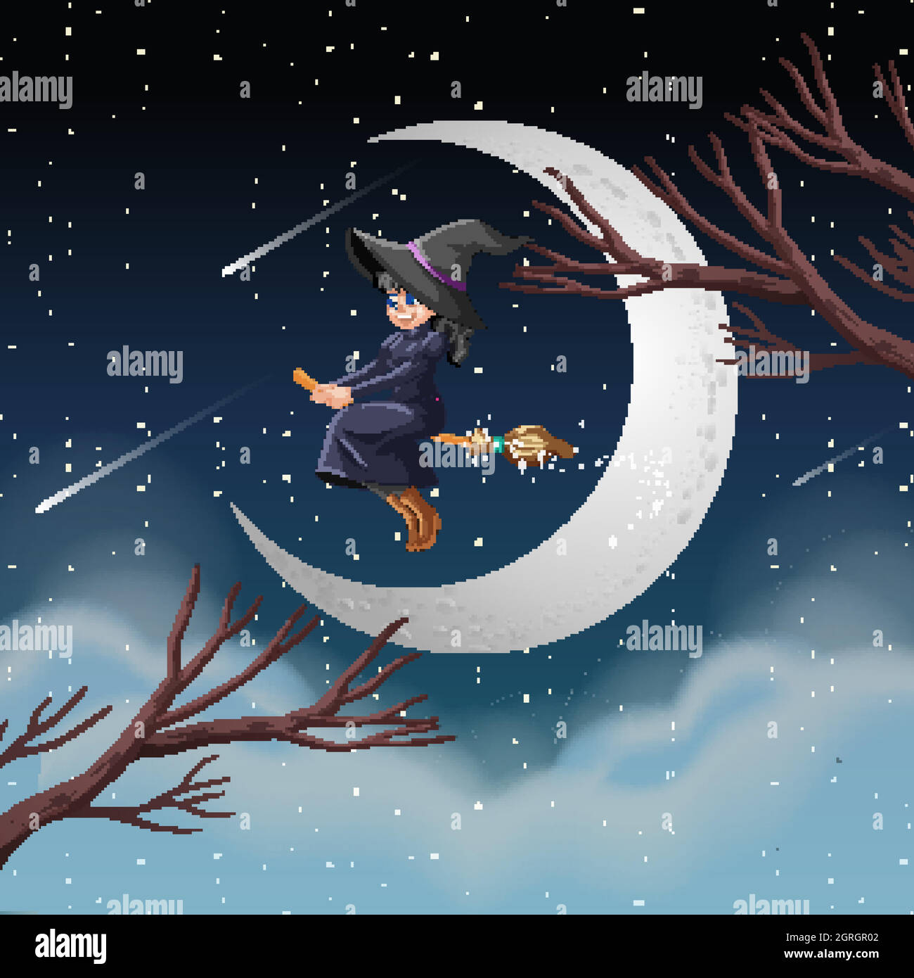 Witch or wizard riding broomstick on the sky isolated on sky background ...
