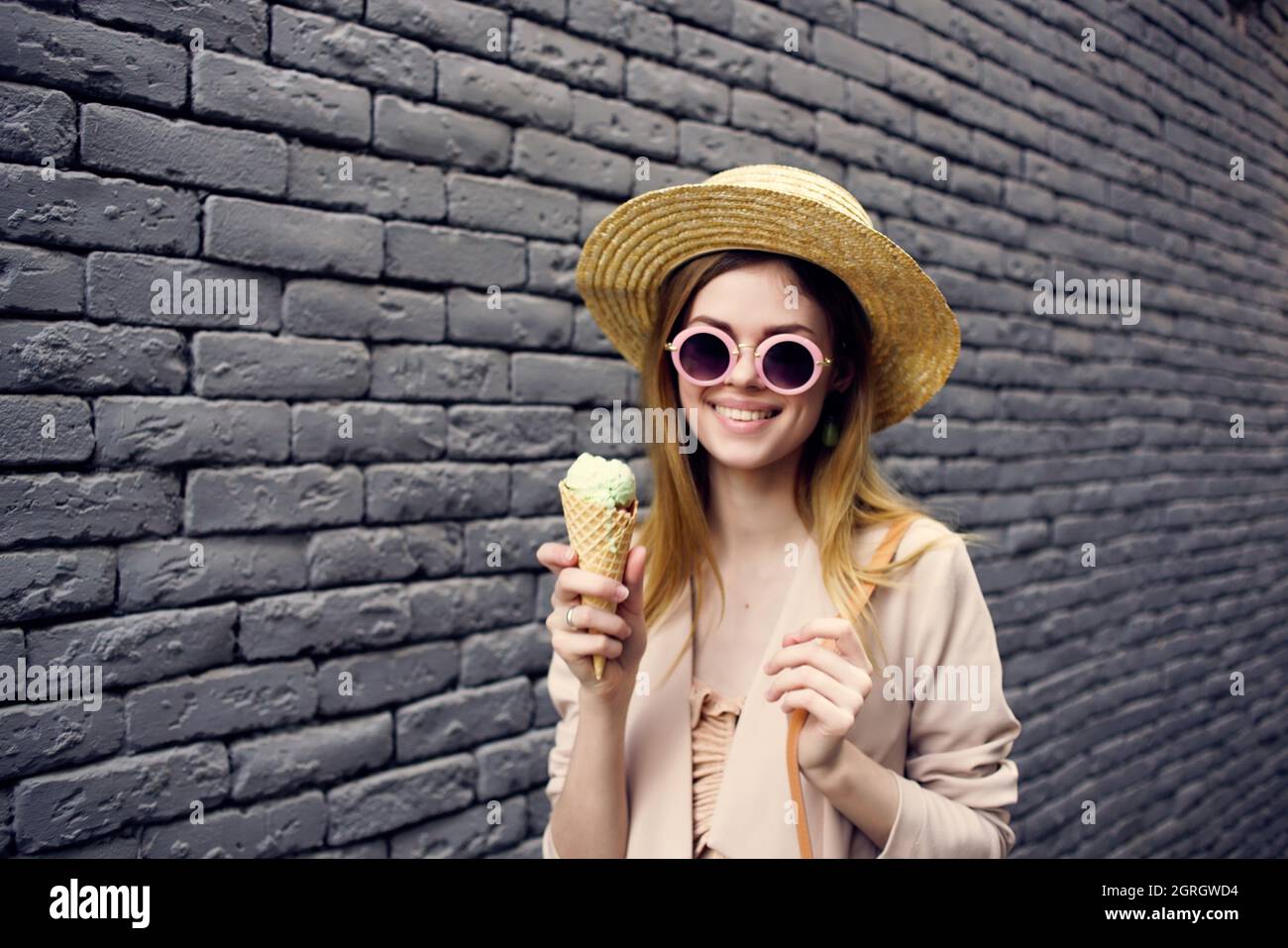 pretty woman walking in the street fashion summer city trip Stock Photo ...