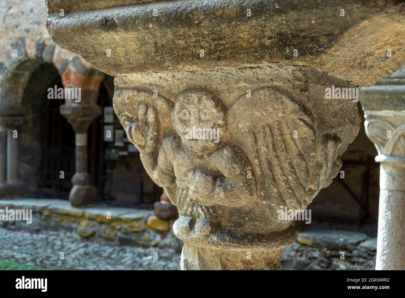 Lavaudieu village, cloister capitals, romanesque cloister of Saint ...