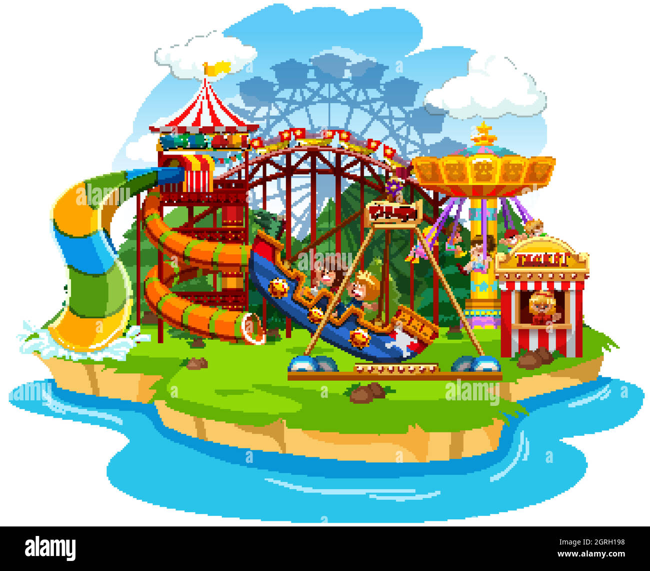 Themepark scene with many rides and happy children Stock Vector Image ...