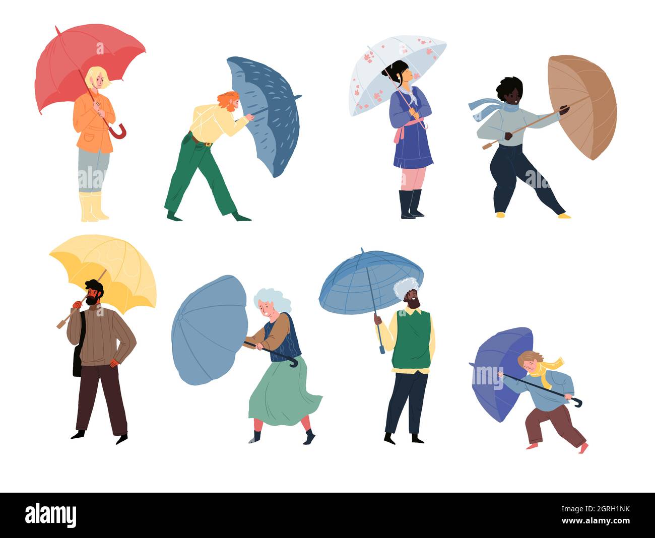 Flat cartoon characters with umbrellas set vector illustration concept ...