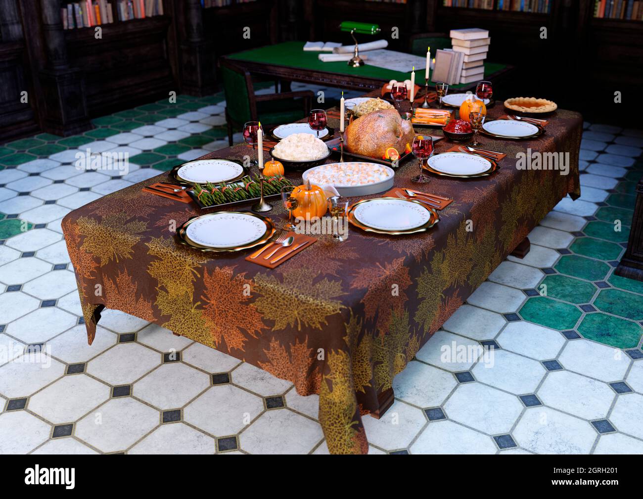 3D rendering of a traditional Thanksgiving feast, retro interior Stock Photo - Alamy