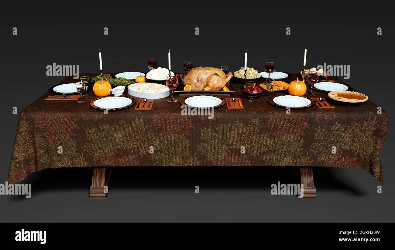 3D rendering of a traditional Thanksgiving feast, black background ...