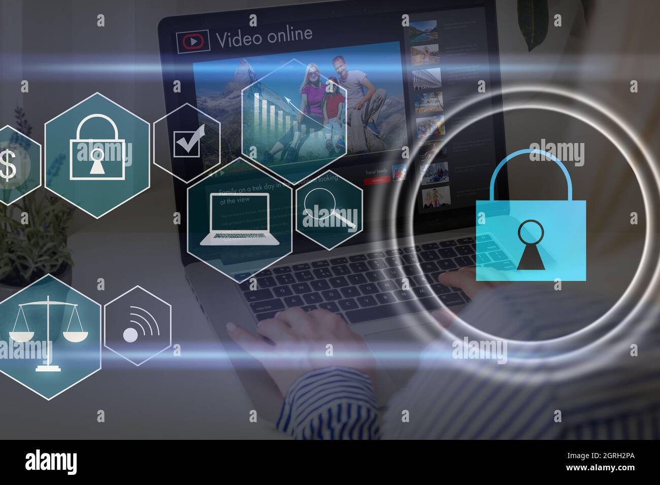Digital cybersecurity and network protection concept. Virtual locking ...