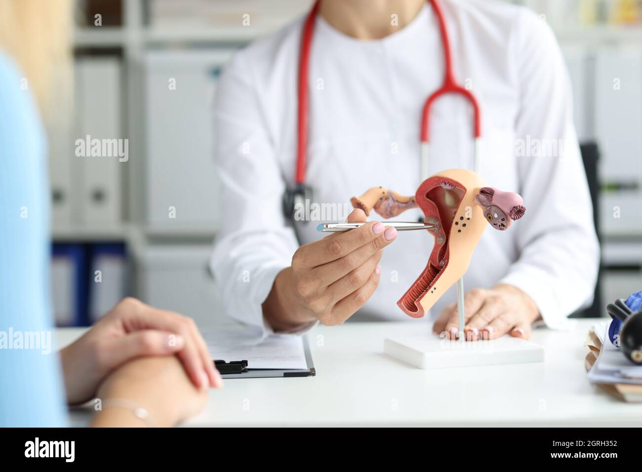 Gynecologist shows patient work on training model of female ...