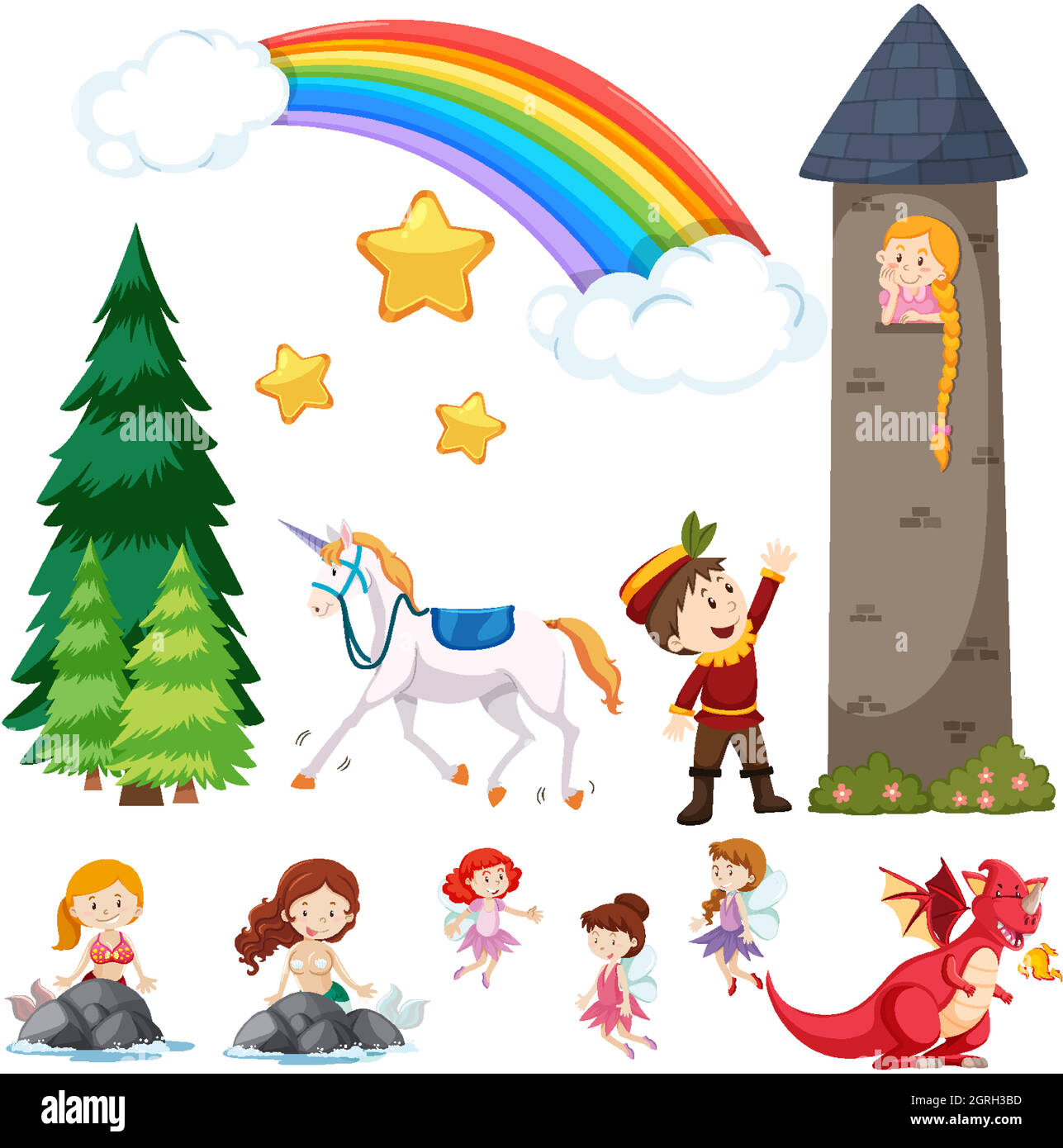 Set of children is fairy tale castle and dragon with rainbow in the sky ...