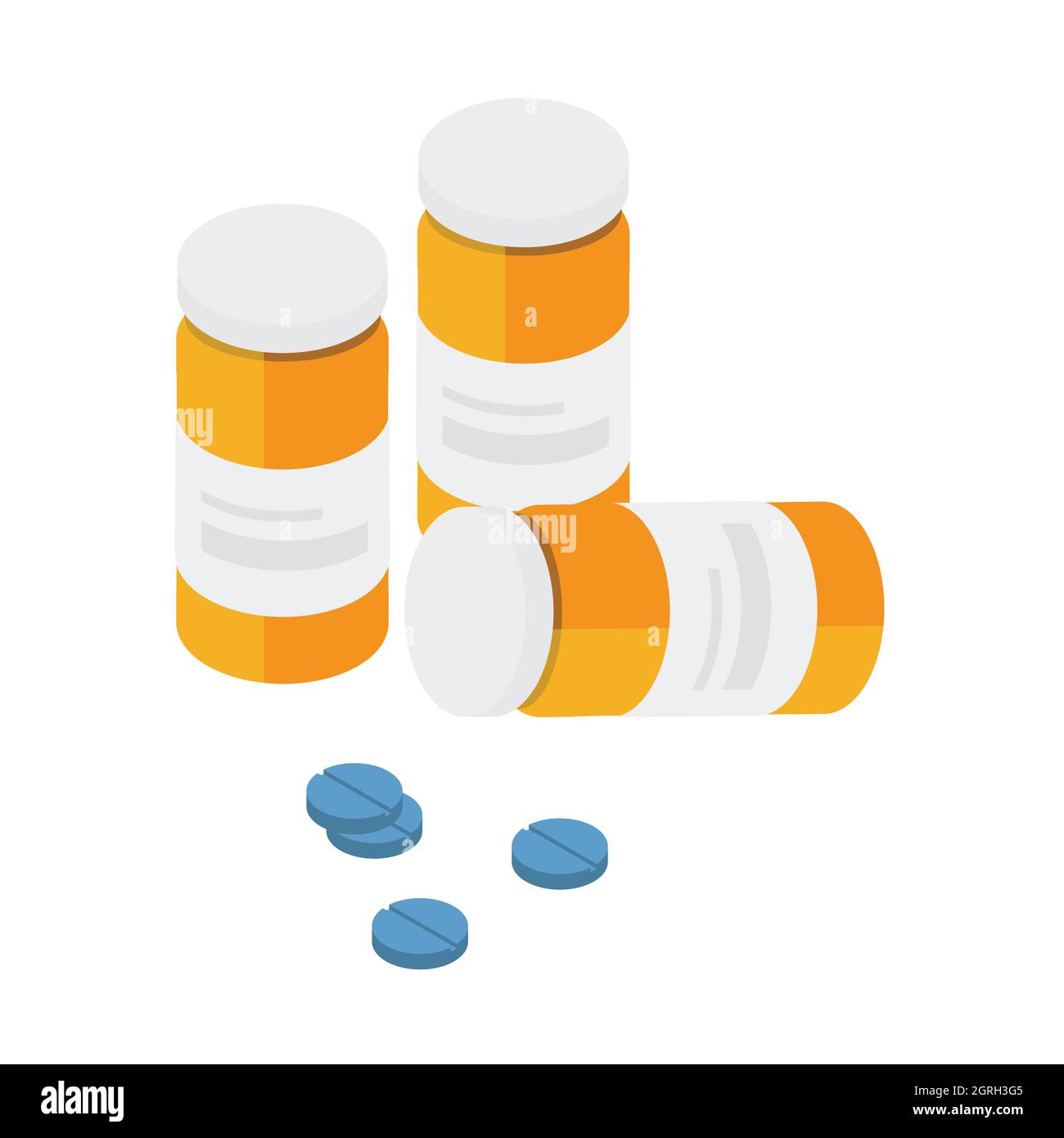 Pill bottles. Open plastic pills tube with cap. Some meds capsules ...