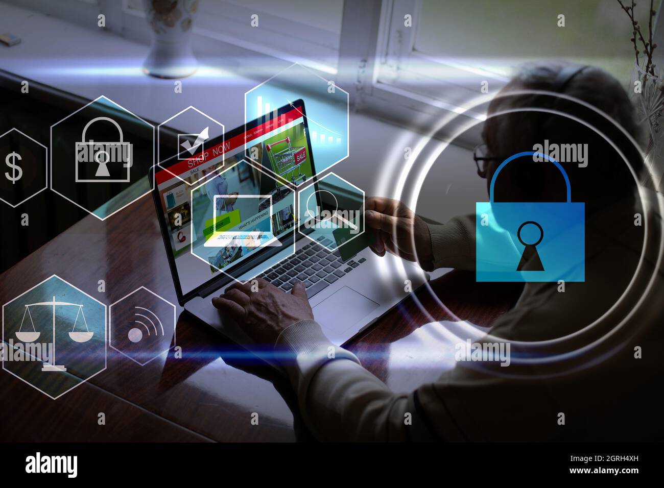 Digital cybersecurity and network protection concept. Virtual locking ...