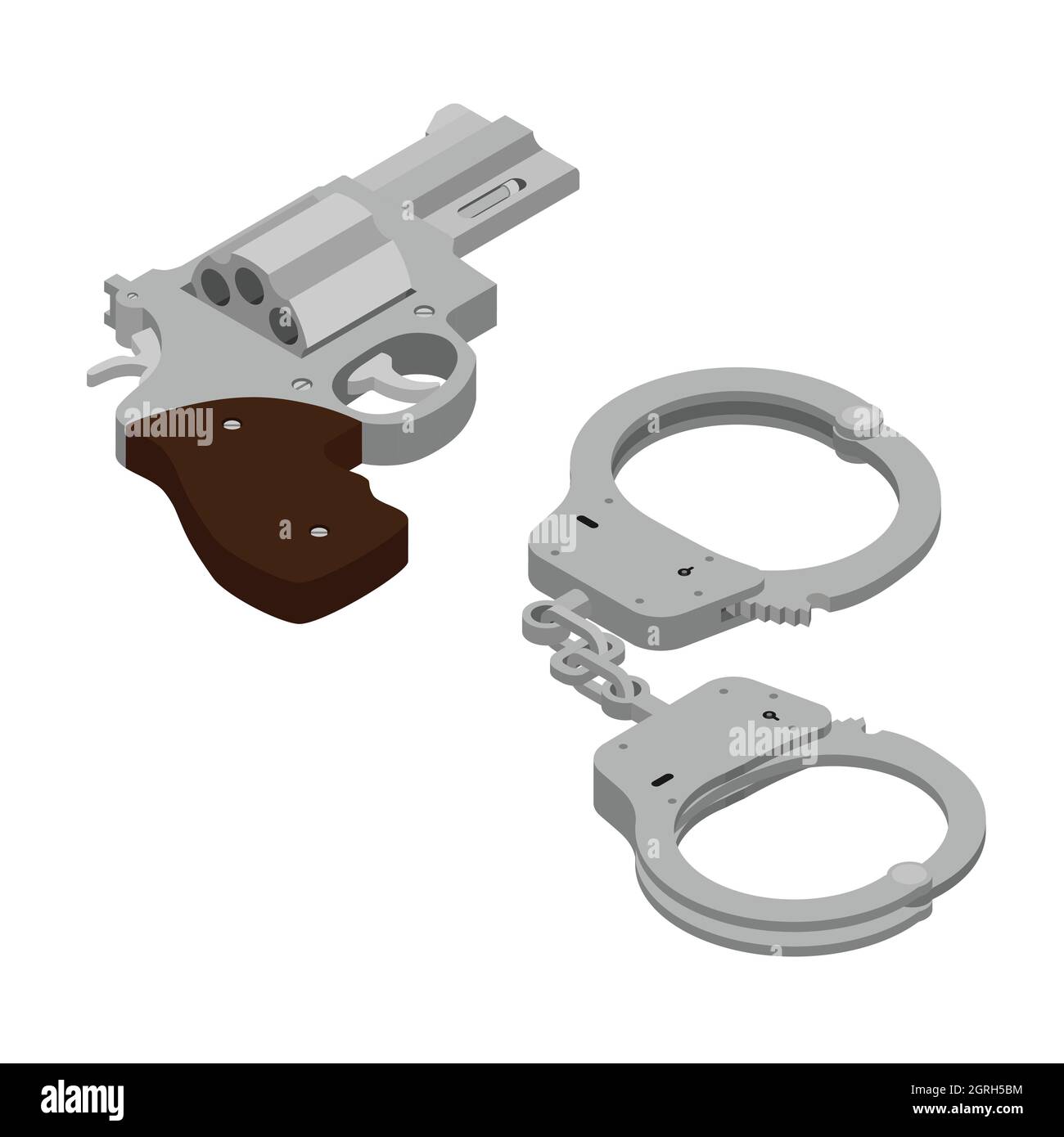 Pistol revolver and handcuffs isolated on white background. Crime and ...