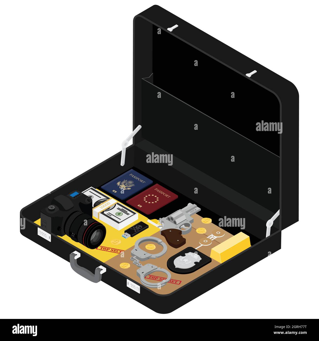 Investigation, spy concept. Investigator case with passport, handcuffs ...