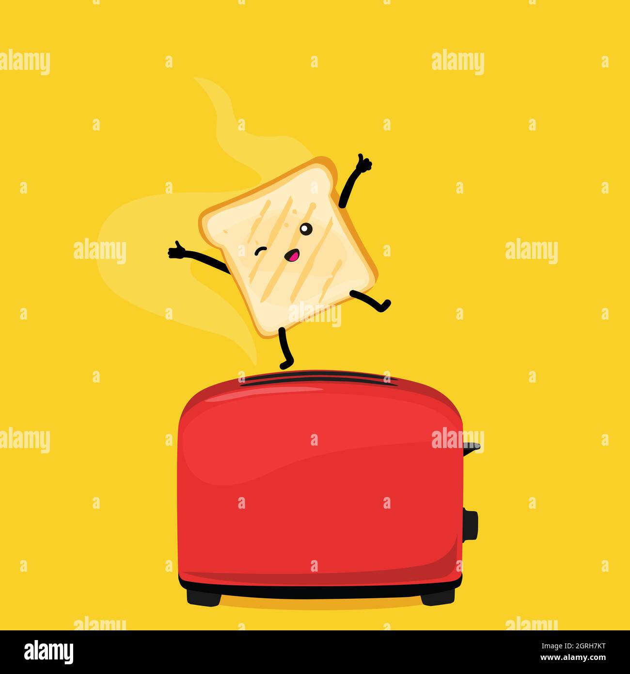 Cute happy cartoon funny toast jumping out of the toaster against ...
