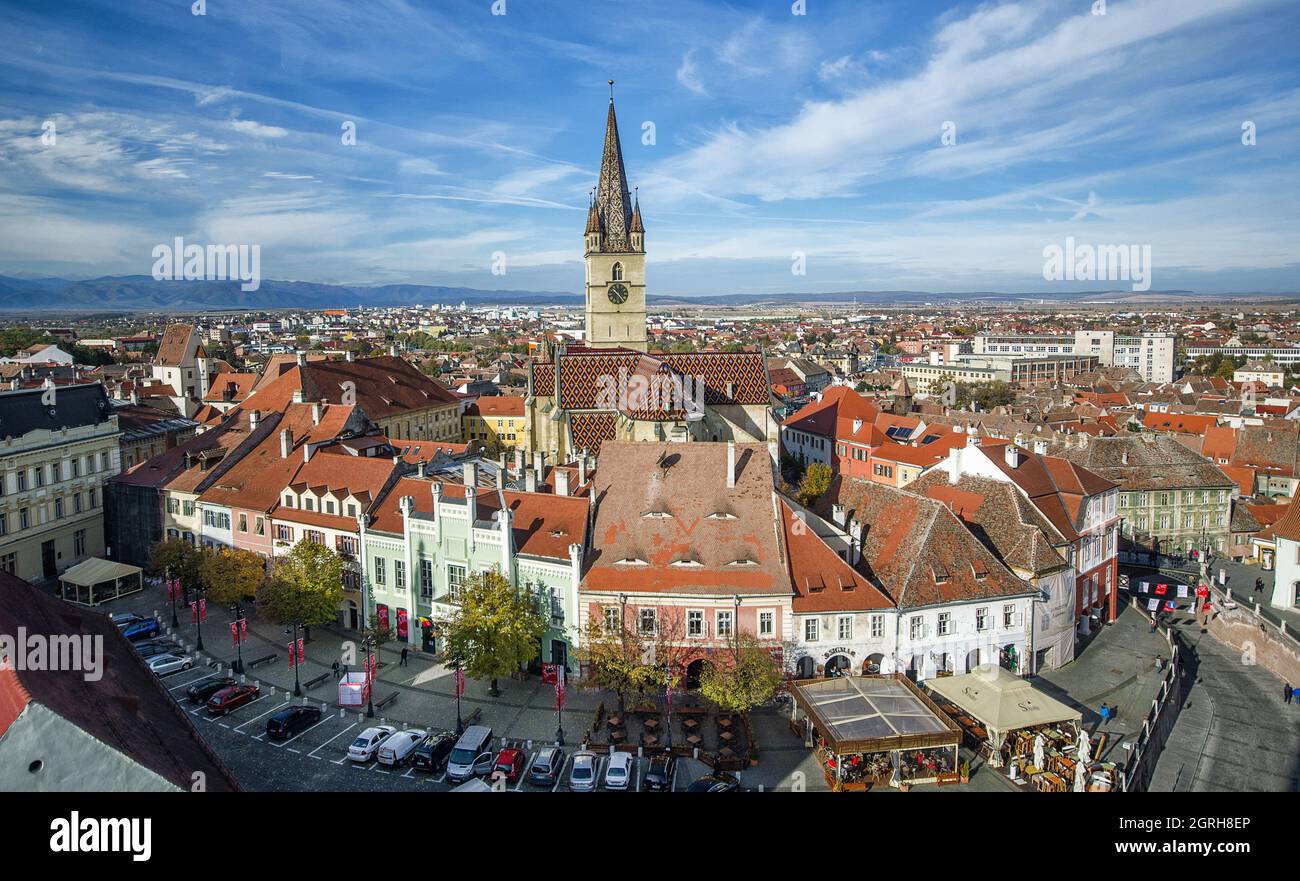 Aerial overview of Sibiu, Romania from the Council Tower with the Small ...