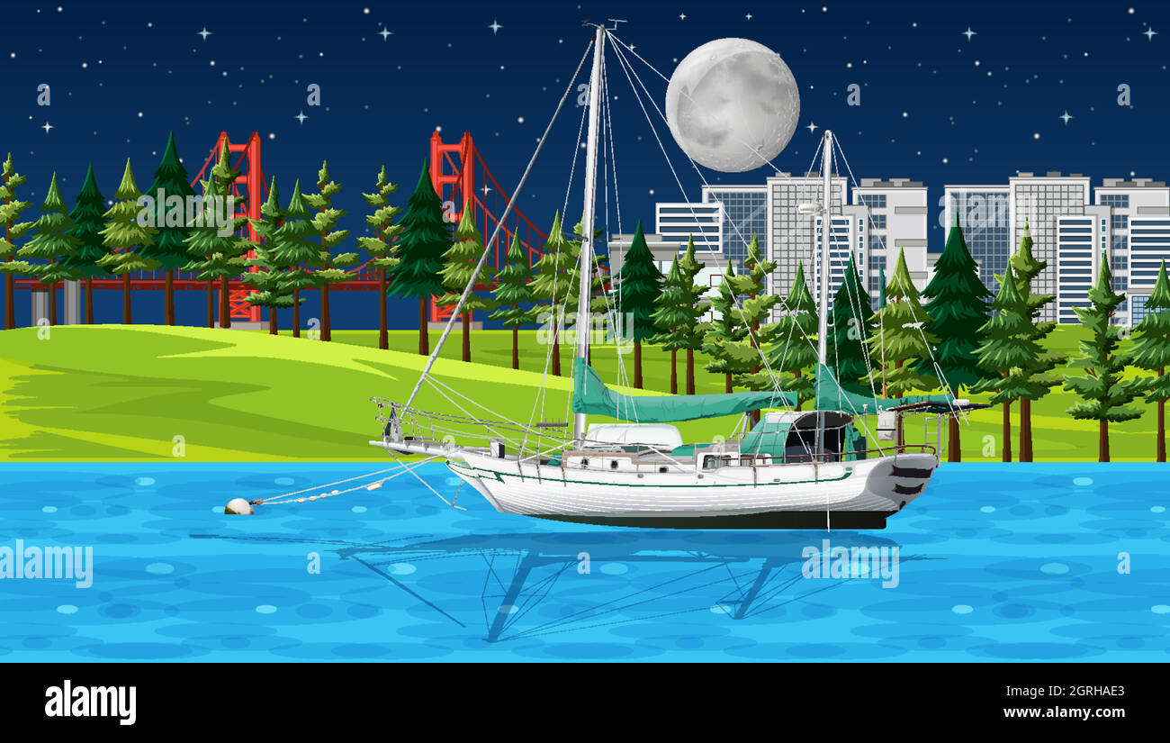River night scene with a ship Stock Vector Image & Art - Alamy