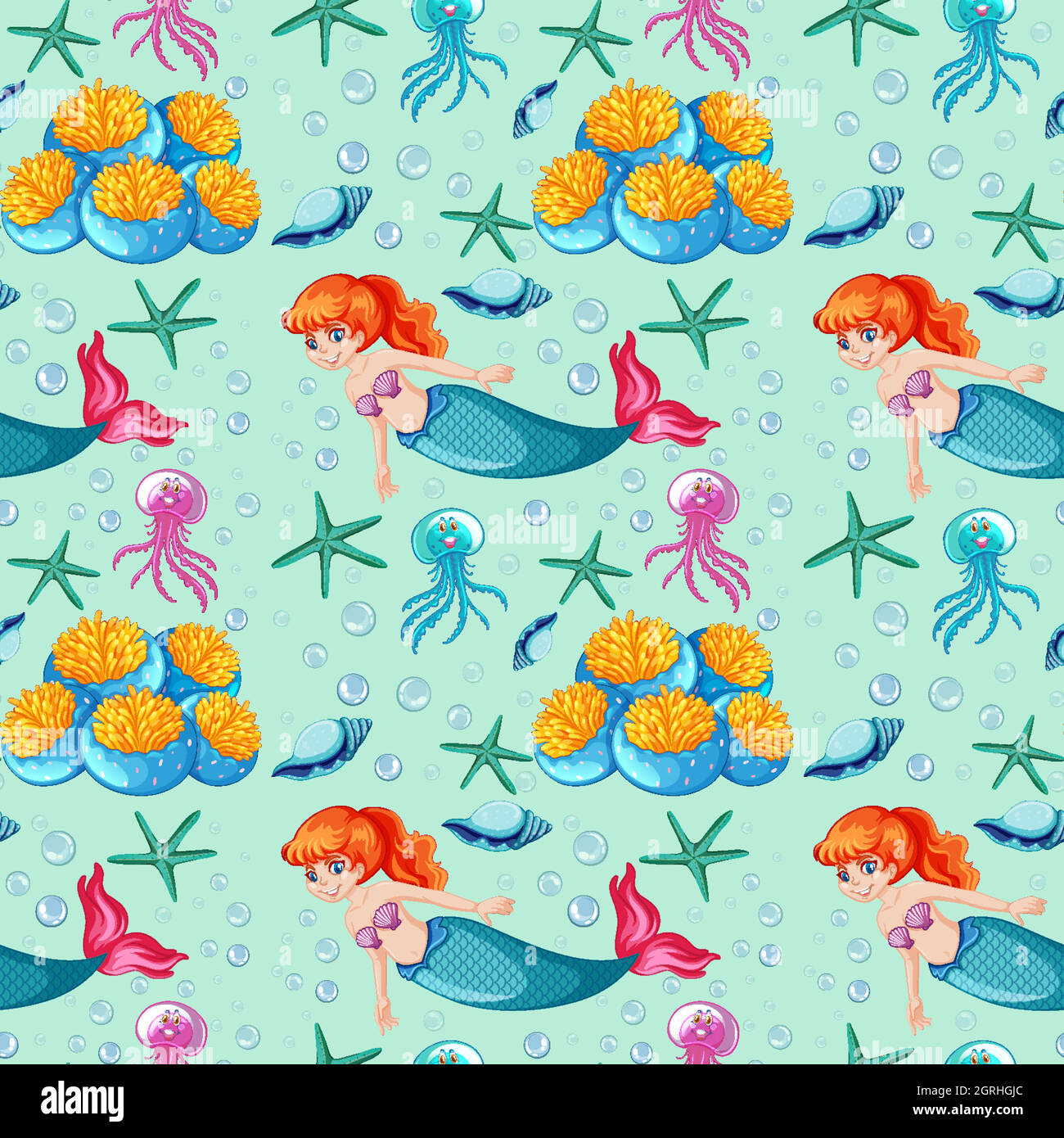 Seamless mermaid and sea animal cartoon style on blue background Stock ...