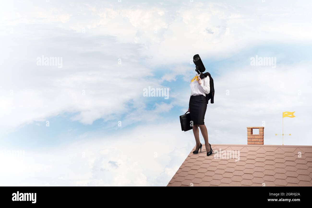 Concept of security and privacy protection with camera headed woman ...