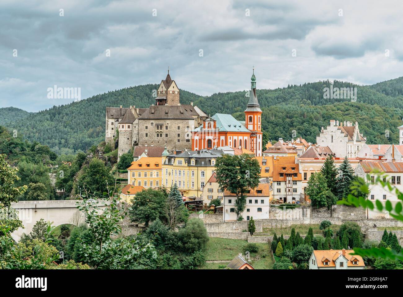 Panoramic view of famous medieval town of Loket,Elbogen, with colorful ...